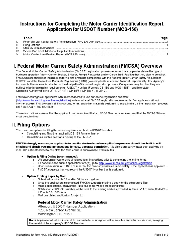 Dot Registration Mcs 150 Instructions and Form | PDF | Dangerous Goods ...