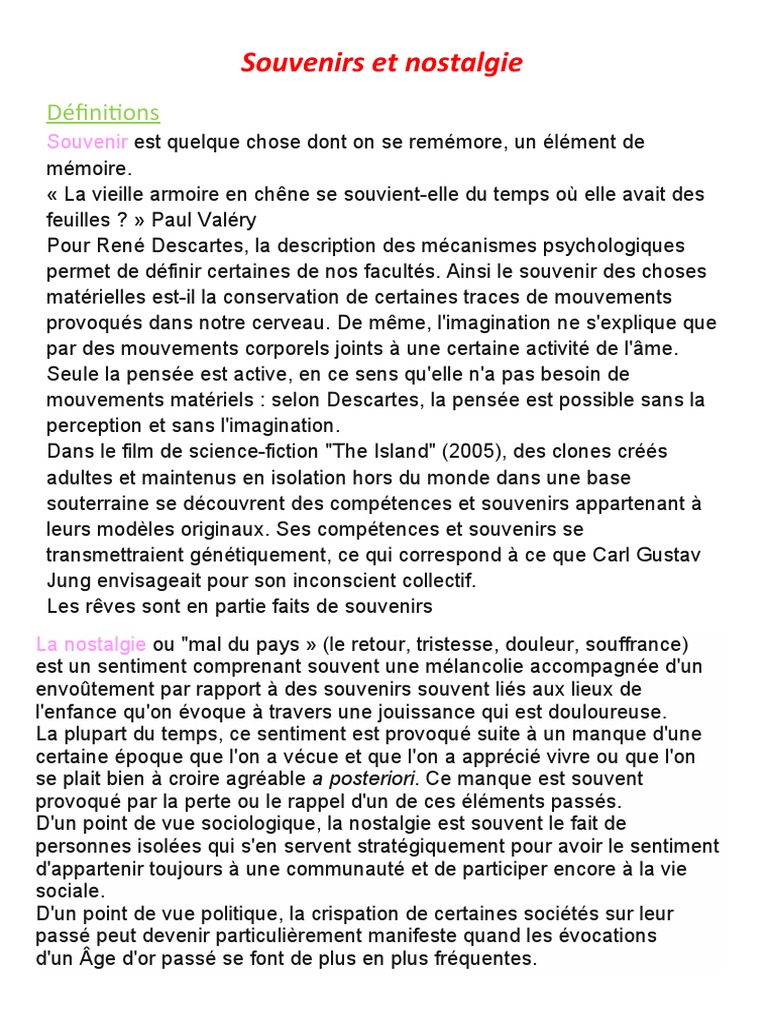 Souvenirs Et Nostalgie PDF Souvenir memoire Science