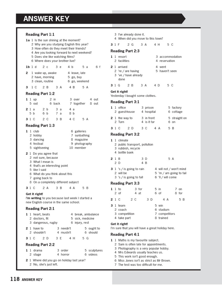 Answer Key: Reading Part 1:1 | PDF | Restaurants | Sports