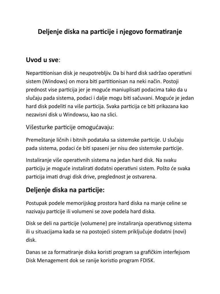 Deljenje Diska Na Particije I Njegovo Formatiranje | PDF
