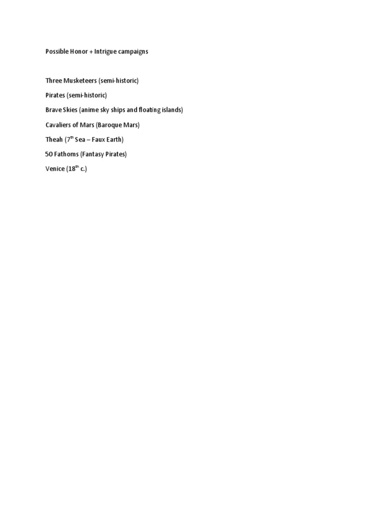 Possible Honor and Intrigue Campaigns | PDF