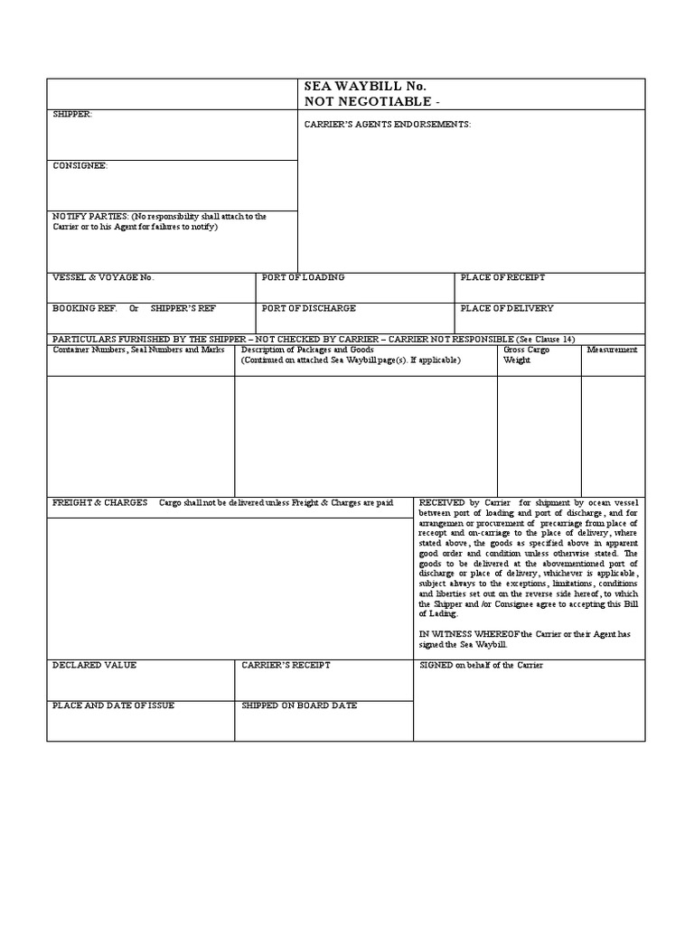 Non-Negotiable Sea Waybill Template | PDF | Consignee | Cargo