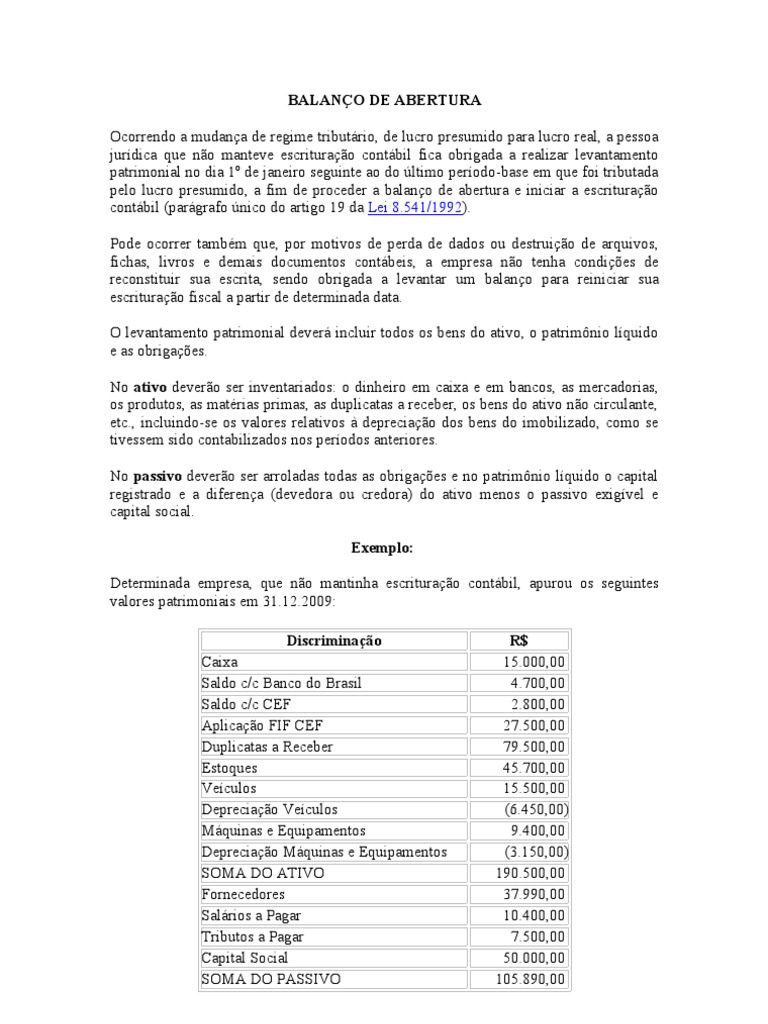 Balanço de Abertura | PDF | Balancete | Escrituração contábil