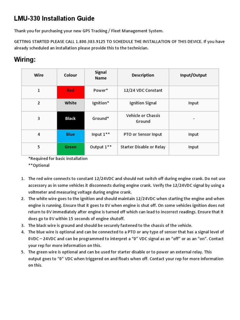 LMU-330 Installation Guide: Wire Colour Signal Name Description Input ...