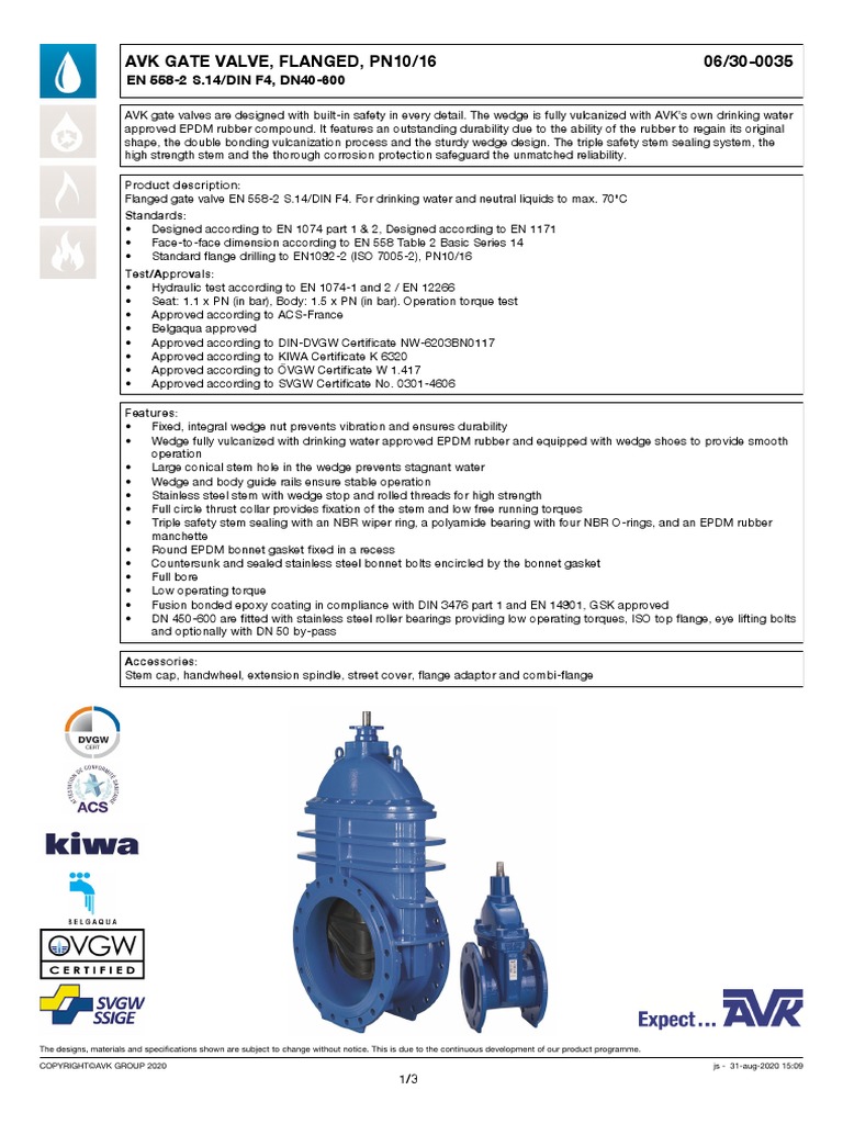 Avk Gate Valve, Flanged, Pn10/16 06/30-0035: EN 558-2 S.14/DIN F4, DN40 ...