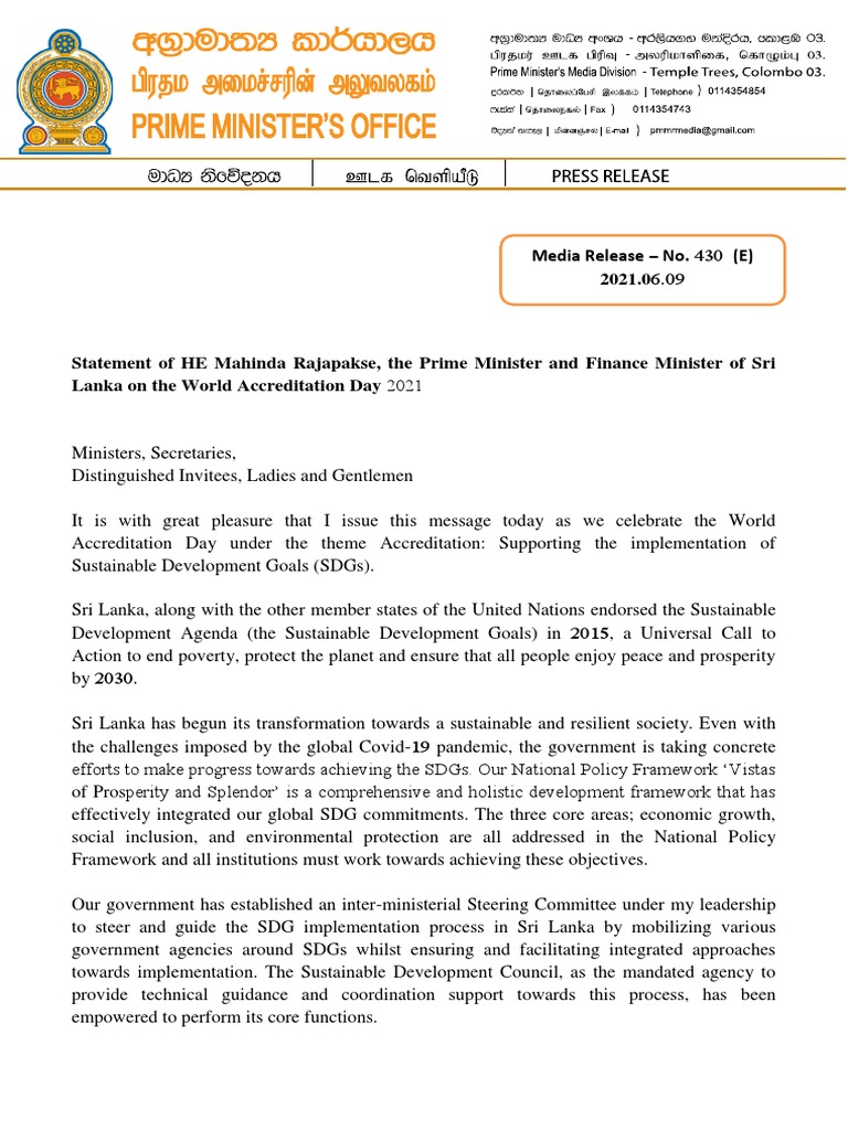 Statement of HE Mahinda Rajapakse, The Prime Minister and Finance Minister of Sri Lanka On The ...