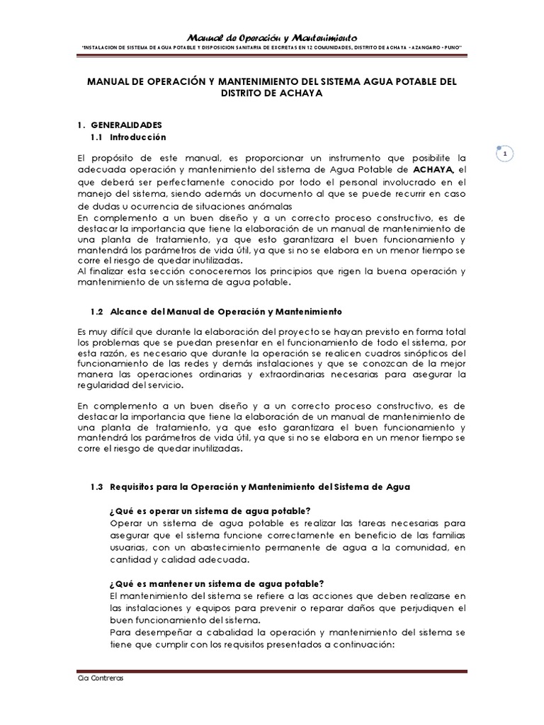 Manual de Operación y Mantenimiento Del Sistema Agua Potable Achaya | PDF | Agua subterránea | Bomba