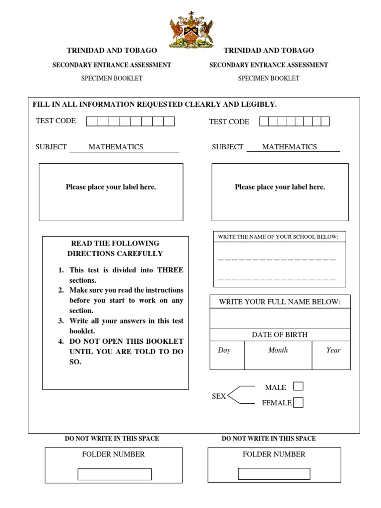 Test Code Test Code: Secondary Entrance Assessment Secondary Entrance ...
