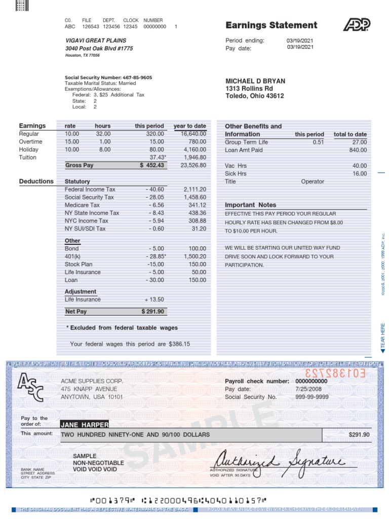 Adp Pay Stub Template | PDF | Income Tax In The United States ...