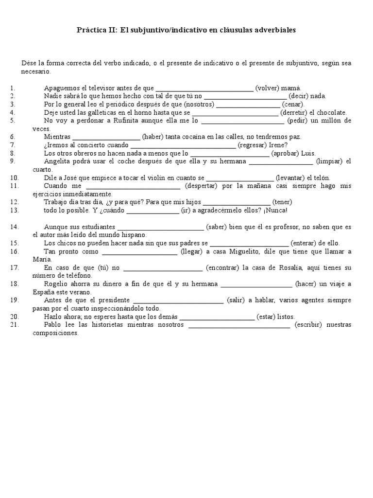 Subjuntivo Vs Indicativo - Ejercicios | PDF | Relaciones sintácticas ...