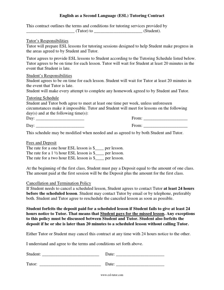 ESL Tutoring Contract | PDF | English As A Second Or Foreign Language ...