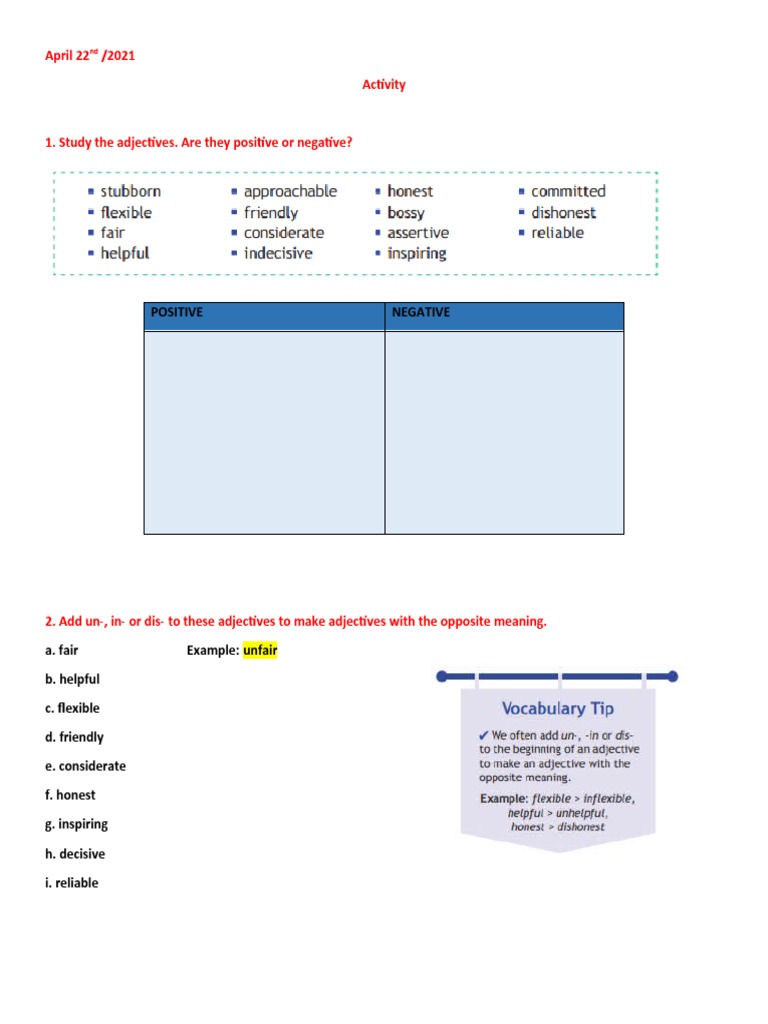 Positive and Negative Adjectives | PDF