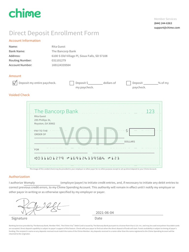 Direct Deposit Enrollment Form: The Bancorp Bank 123 | PDF | Paycheck ...