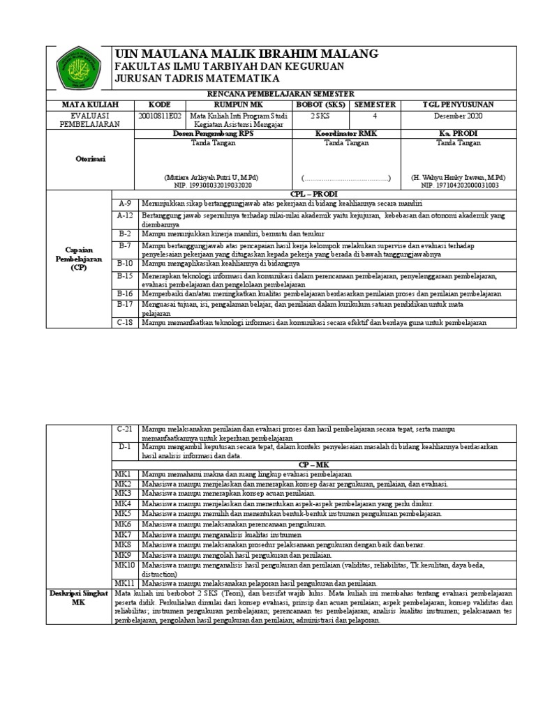 RPS Evaluasi Pembelajaran | PDF