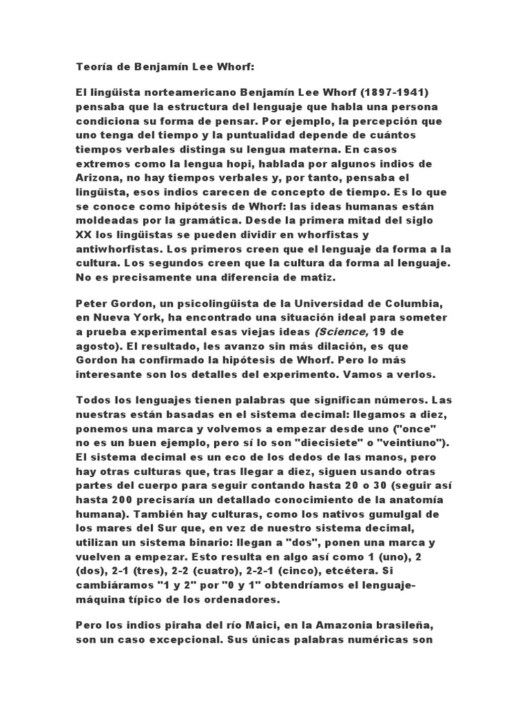 Teoría de Lenguaje de Benjamín Lee Whorf. | PDF | Cognición | Lingüística
