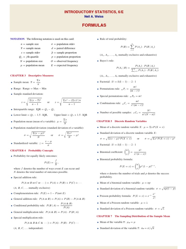 Formulas: Introductory Statistics, 6/E | PDF | Standard Error | Errors And Residuals
