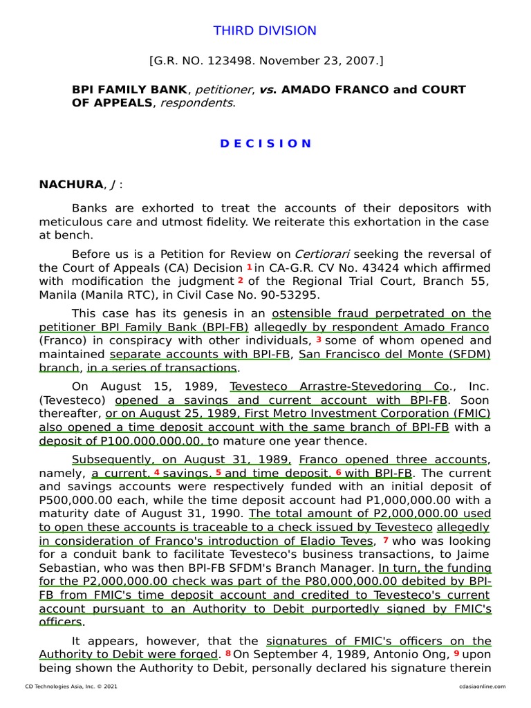 BPI Family Bank vs. Amado Franco Case Summary | PDF | Damages | Deposit ...