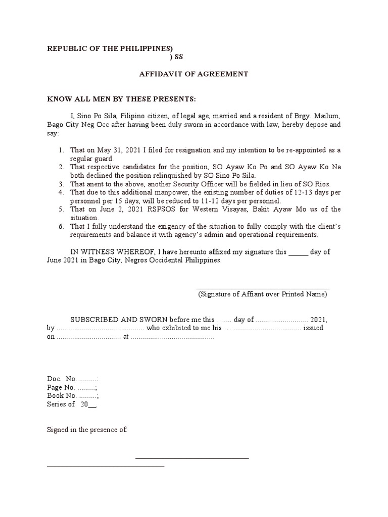 Republic of The Philippines) ) Ss Affidavit of Agreement | PDF