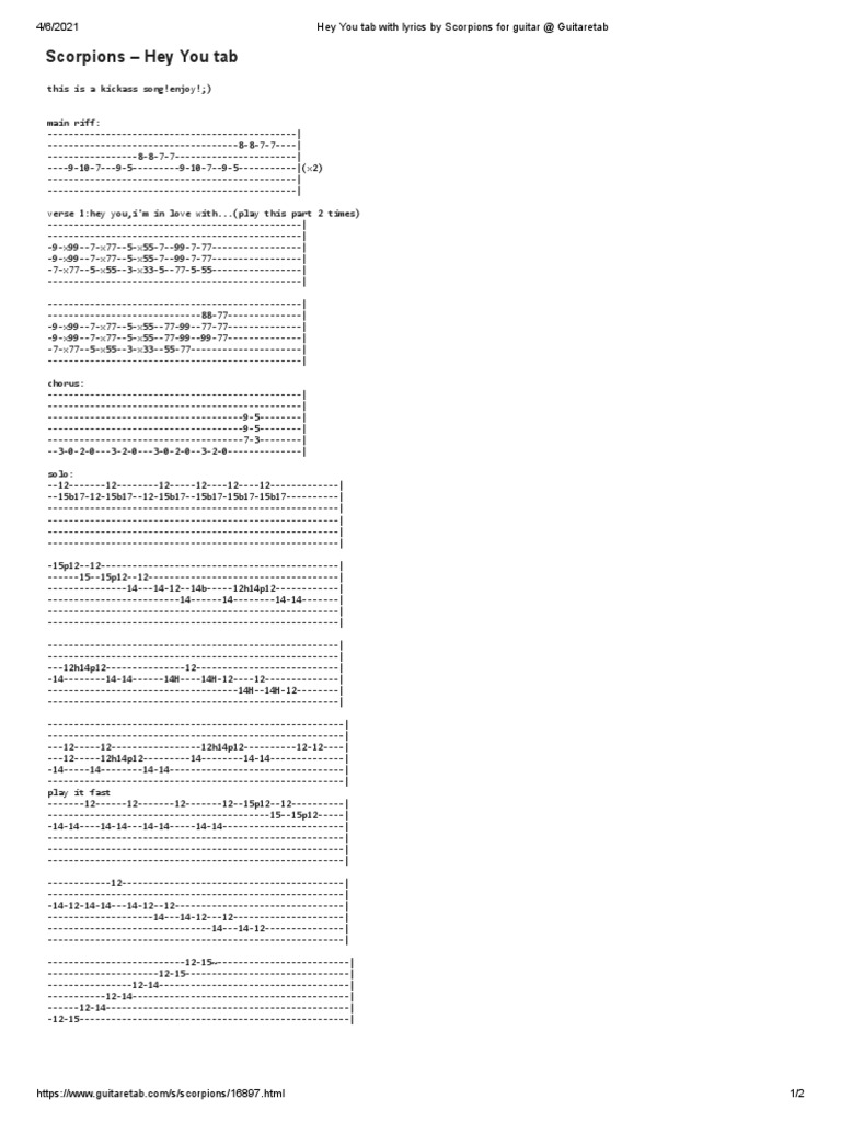 Hey You Tab With Lyrics by Scorpions For Guitar | PDF | Musical Forms ...