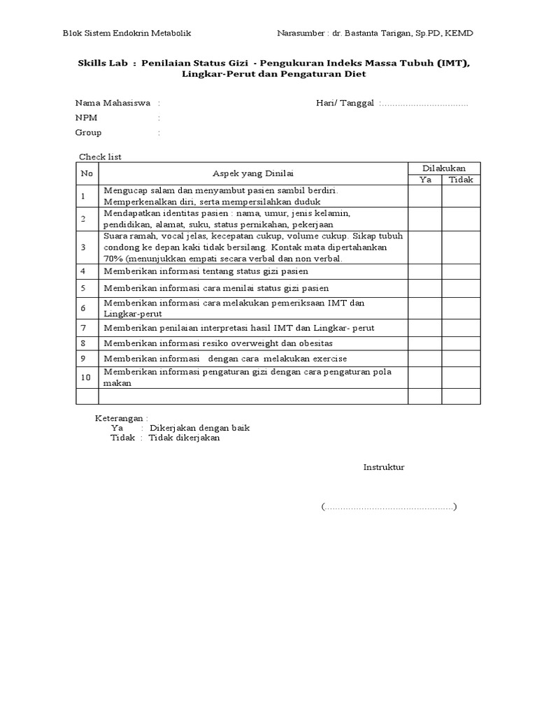 Skills Lab Penilaian Status Gizi - IMT-dr. Bastanta, SPPD | PDF