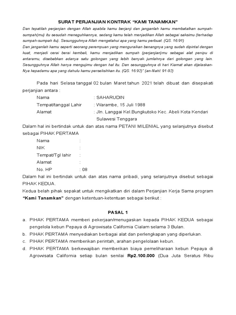KONTRAK KERJA PENGELOLA KEBUM | PDF