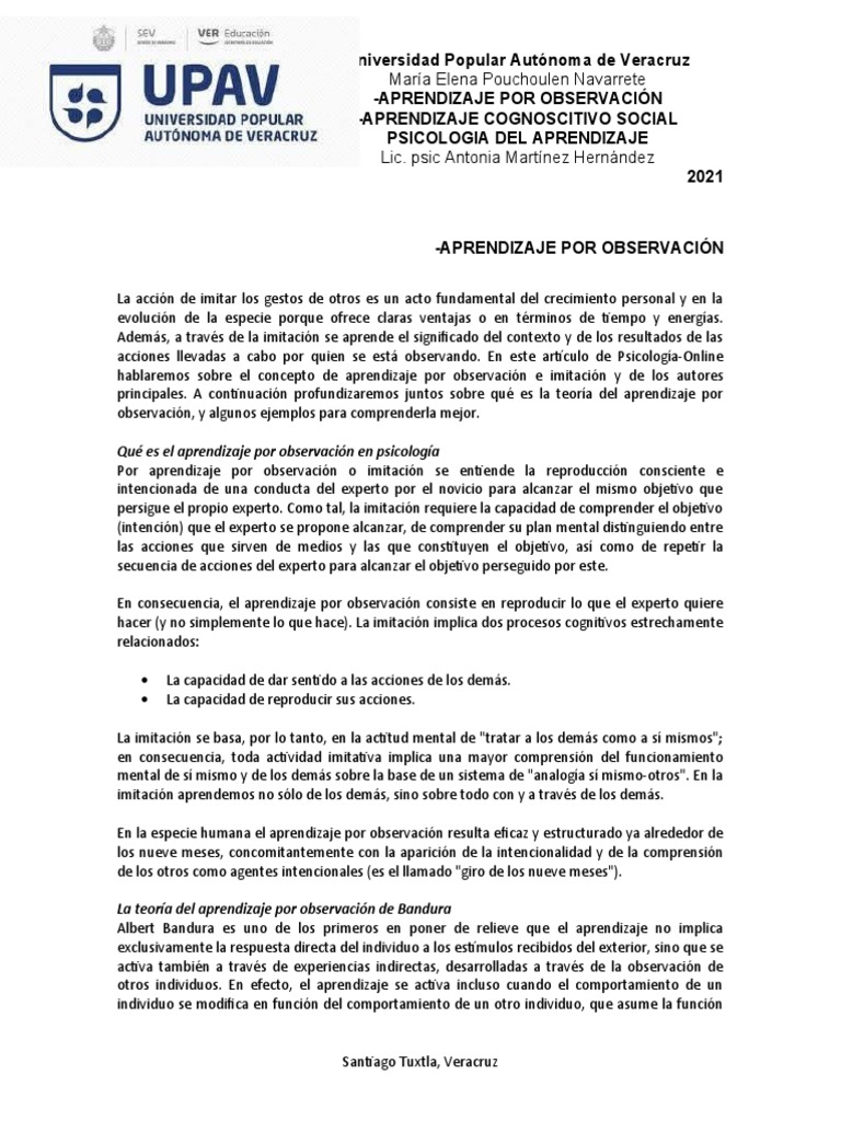 6 Aprendizaje Por Observacion y Aprendizaje Cognitivo Social | PDF | Autoeficacia | Teoría del ...