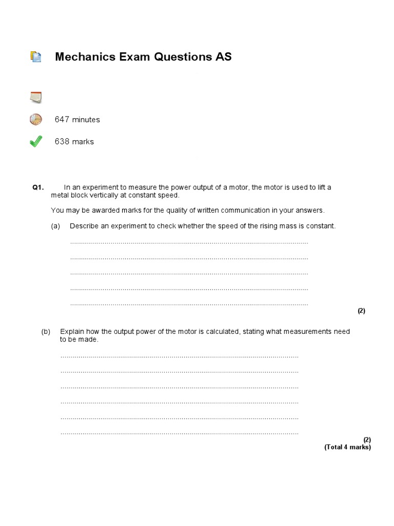 Mechanics Exam Questions AS: Minutes Marks | PDF | Force | Classical ...