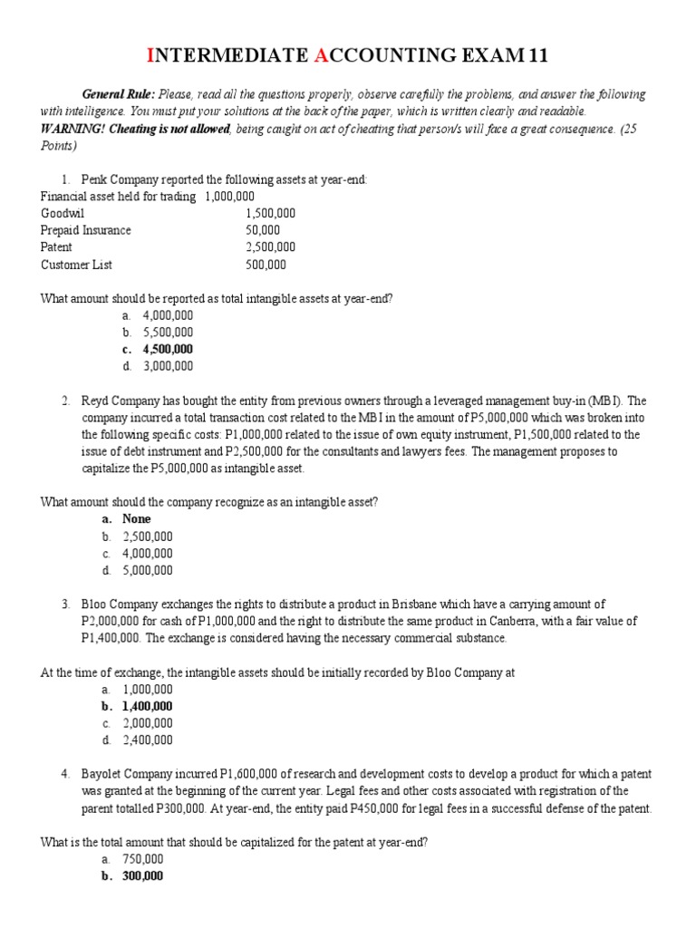 Intermediate Accounting Exam on Intangible Assets | PDF | Intangible ...