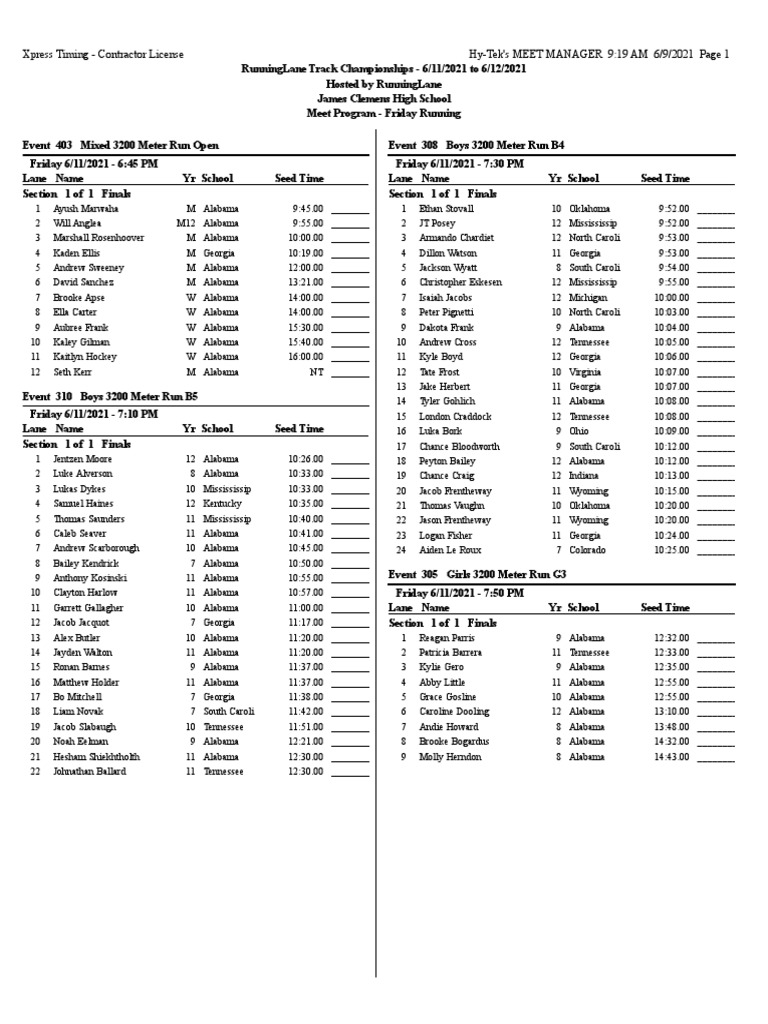 RunningLane Champs Friday Heat Sheets | PDF