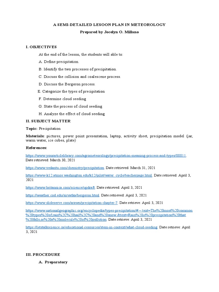 A Semi - Detailed Lesson Plan | PDF | Precipitation | Cloud