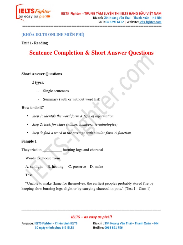 Sentence Completion & Short Answer Questions: (Khóa Ielts Online Miễn ...