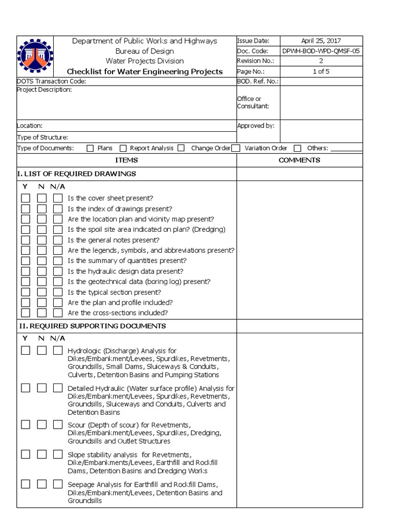 Checklist For Water Engineering Projects | PDF | Levee | Dam