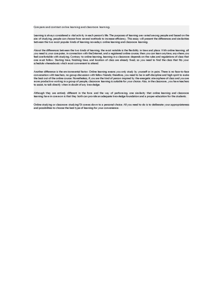 Compare And Contrast Online Learning And Classroom Pdf