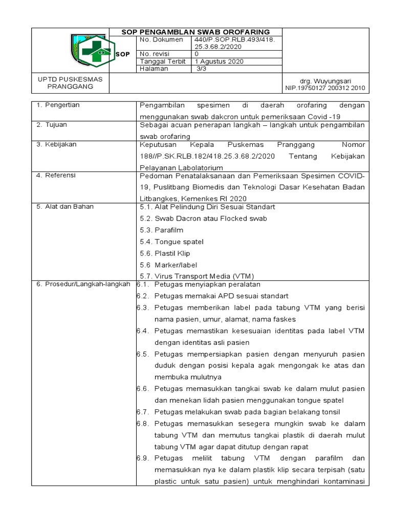 Sop Pengambilan Swab Orofaring | PDF
