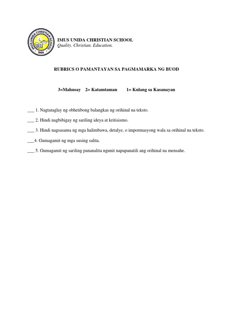 Rubrics o Pamantayan Sa Pagmamarka NG Buod | PDF