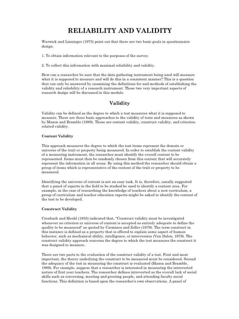 Reliability and Validity | PDF | Validity (Statistics) | Internal Consistency