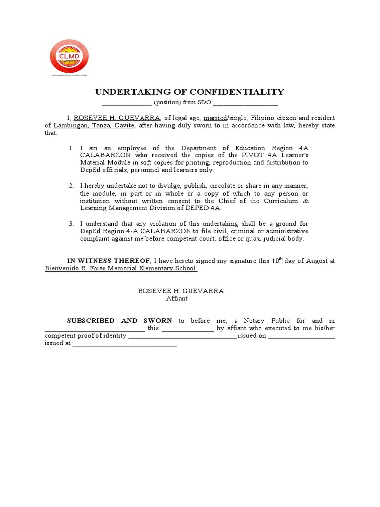 Undertaking of Confidentiality - : (Position) From SDO | PDF | Social ...
