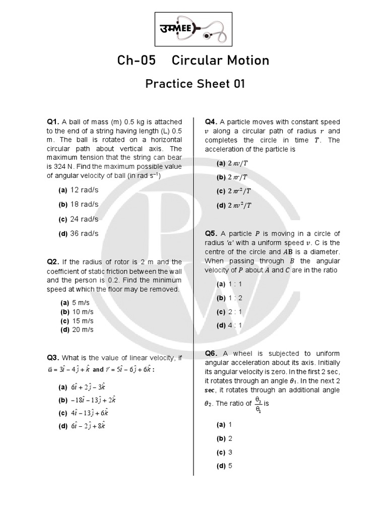 Ch-05 Circular Motion: Practice Sheet 01 | PDF | Acceleration ...