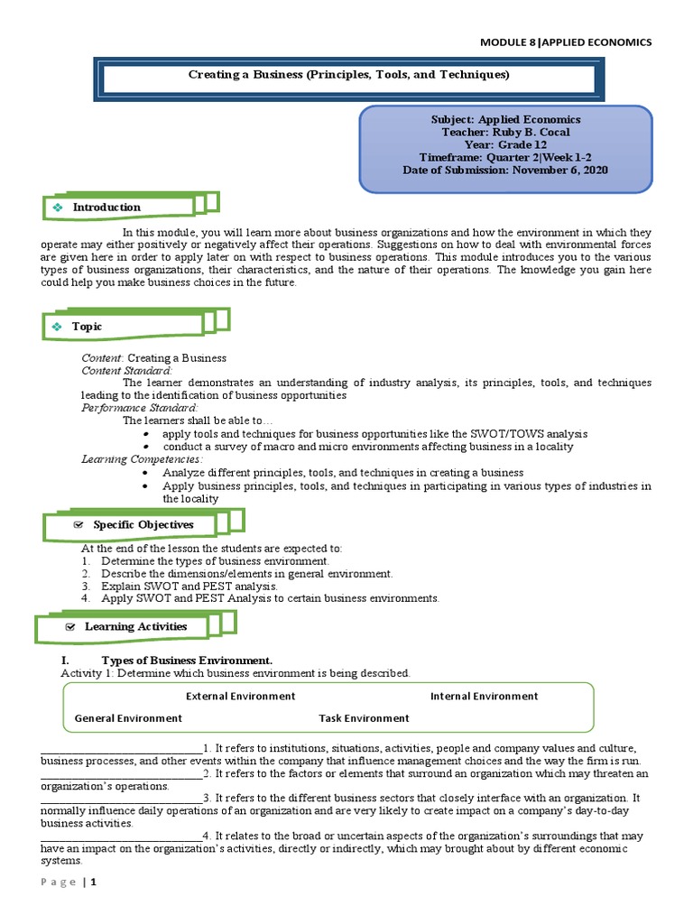 Creating A Business (Principles, Tools, and Techniques) | PDF | Swot Analysis | Learning