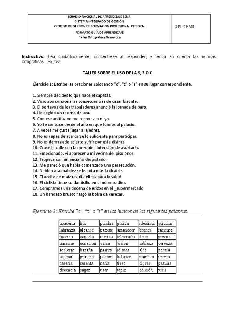 Taller Sobre El Uso de Las S, Z o C. | PDF | Educación avanzada | Science