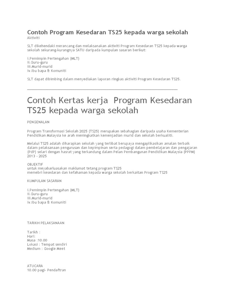 Contoh Program Kesedaran TS25 Kepada Warga Sekolah | PDF