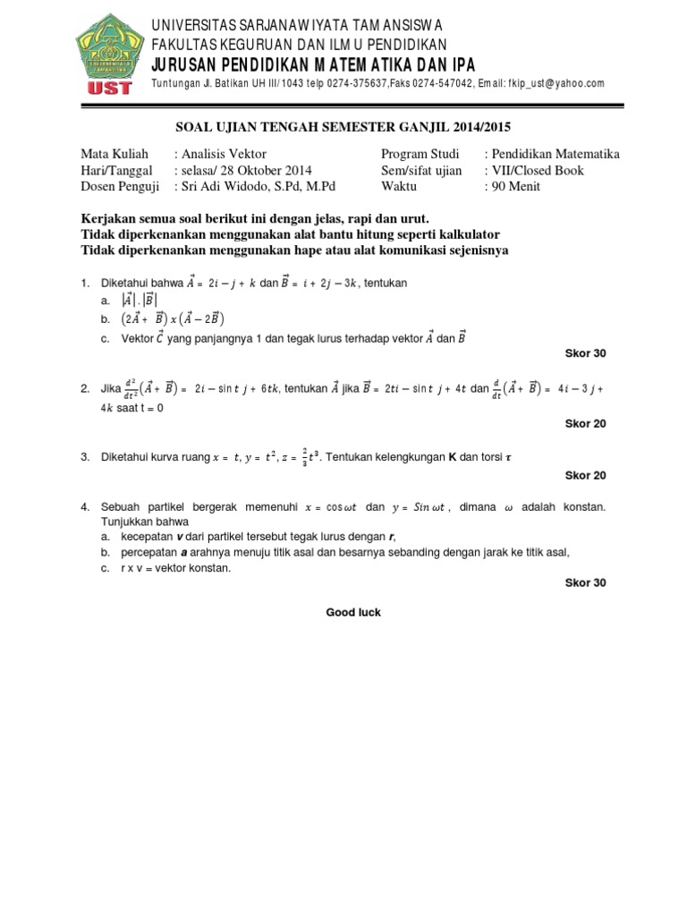 Soal UTS Analisis Vektor - 2014 | PDF | Metode & Bahan Ajar
