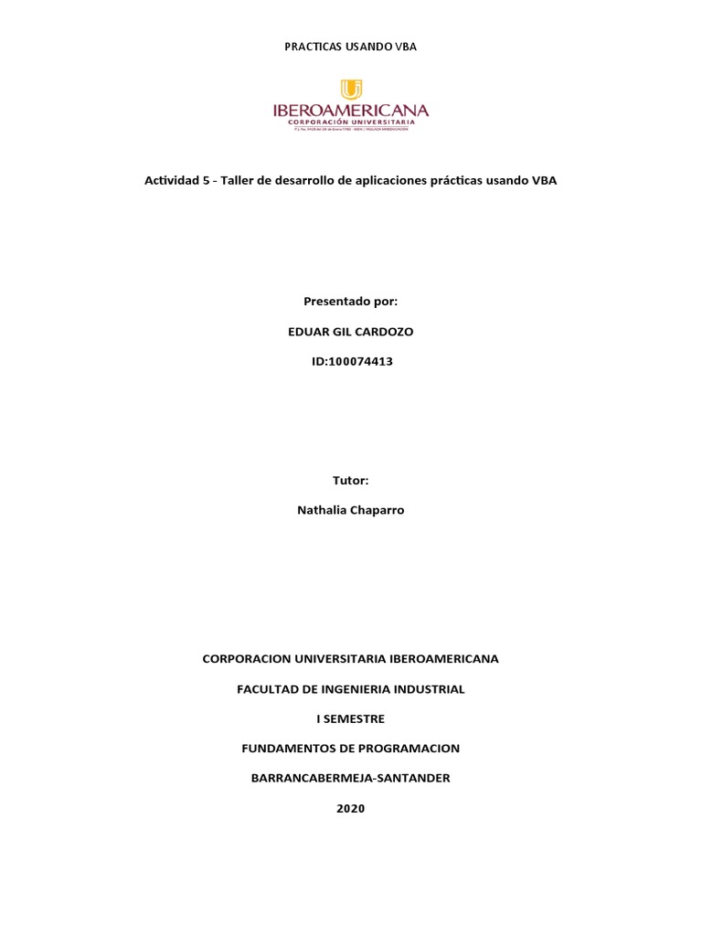 Actividad 5 Programacion VBA | PDF | Visual Basic para Aplicaciones | Microsoft Excel