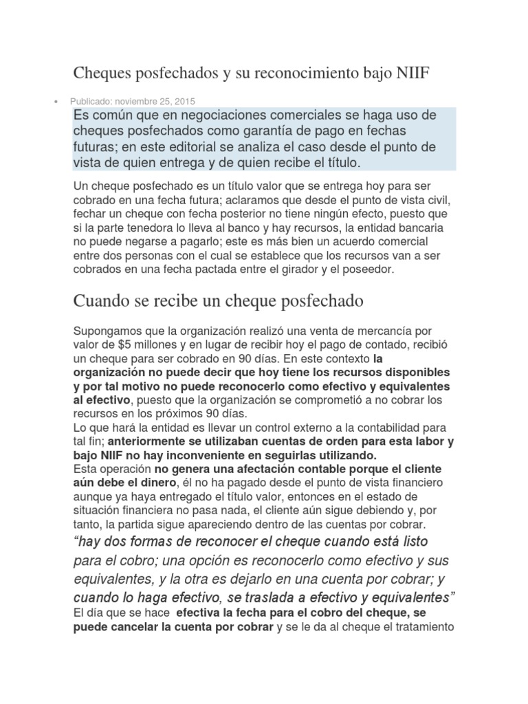 Cheques Posfechados y Su Reconocimiento Bajo NIIF | PDF | Cheque | Bancos