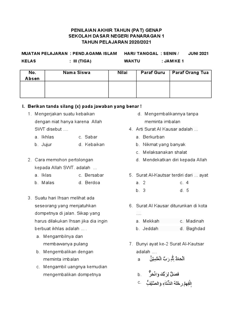 Soal Pat Pai KLS 3 Sem 2 2020-2021 | PDF