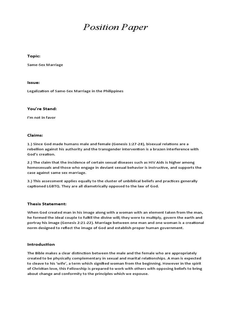 Position Paper Same Sex Marriage | PDF | Homosexuality | Same Sex Marriage