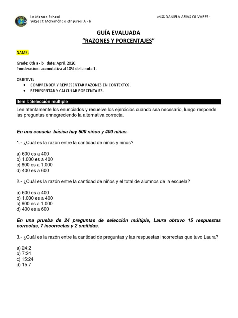 Guia Matematica 6 Razones y Porcentajes 6th | PDF | Science | Ciencia ...