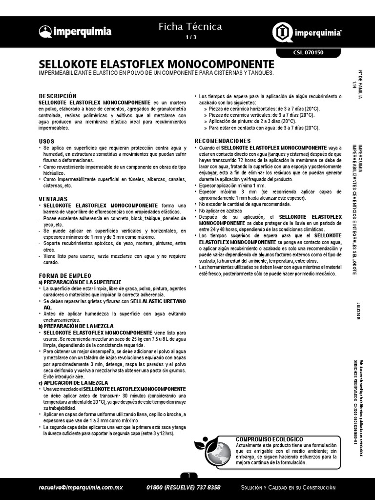 FT Sellokote Elastoflex Monocomponente | PDF | Hormigón | Pintar