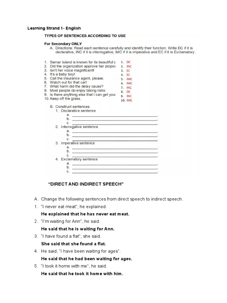 Learning Strand 1-English: "Direct and Indirect Speech" | PDF