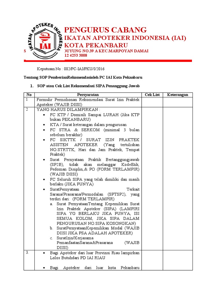 SOP Rekomendasi SIPA Apoteker Pekanbaru | PDF | Pengembangan Diri | Kesehatan Holistik